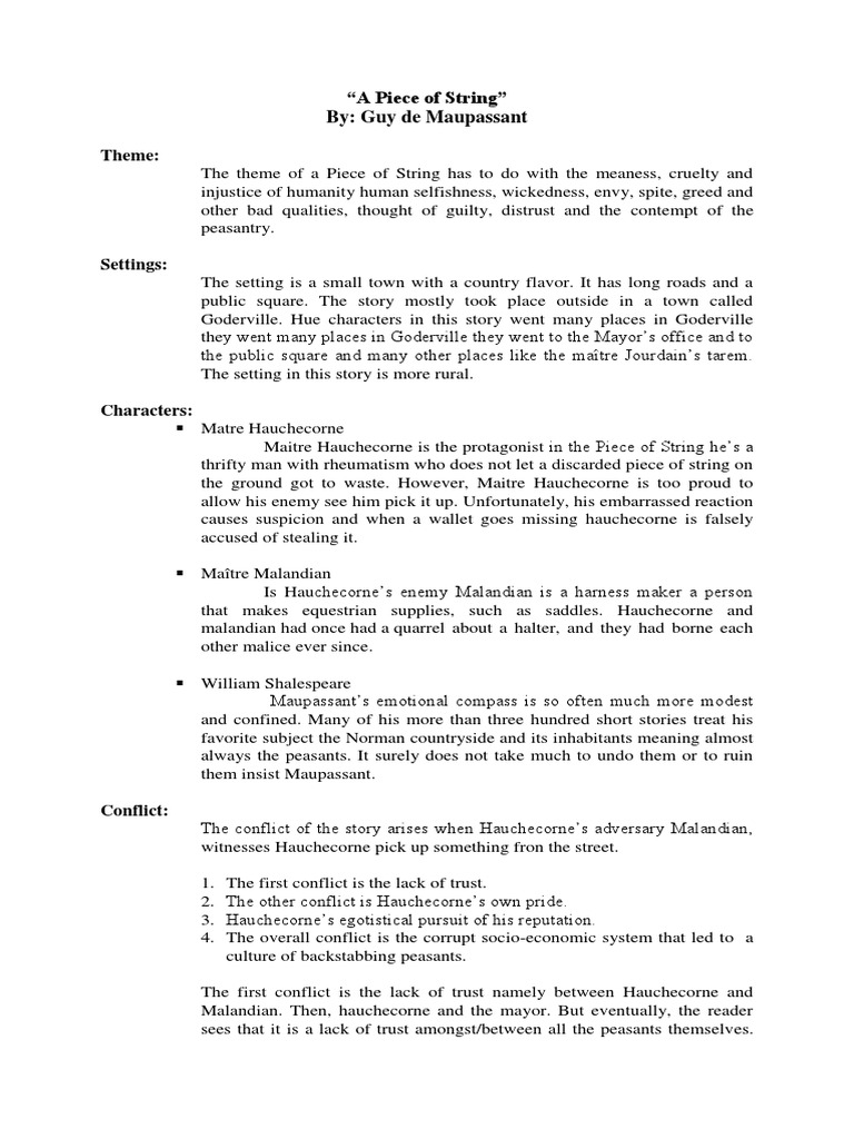 "A Piece of String" By: Guy de Maupassant: Theme | PDF