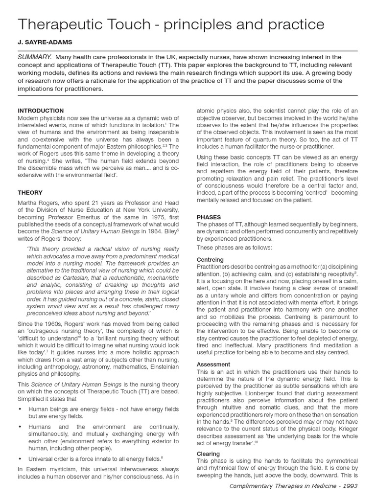 Therapeutic - Touch Principles and Practice | PDF | Pain | Alternative ...