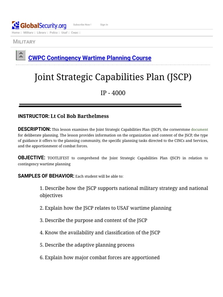 Joint Strategic Capabilities Plan (JSCP) : CWPC Contingency Wartime ...