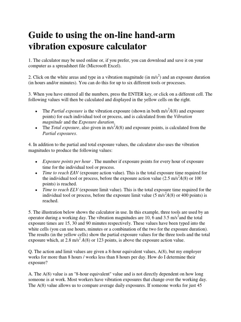 Guide To Using The On-Line Hand-Arm Vibration Exposure Calculator | PDF ...