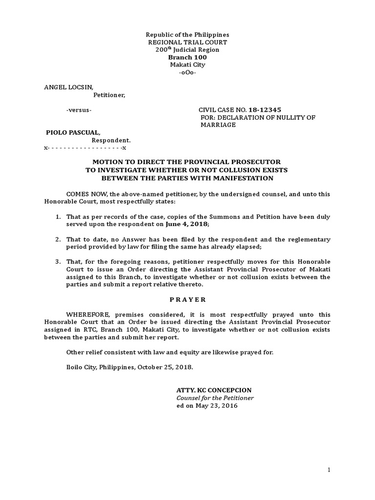 Motion To Conduct Collusion - Sample | PDF | Prosecutor | Government ...