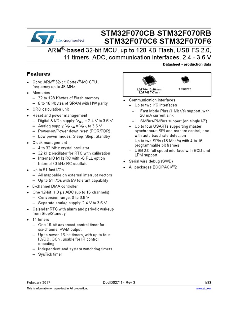 STM32F070CB STM32F070RB STM32F070C6 STM32F070F6 | PDF | Arm Architecture | Random Access Memory