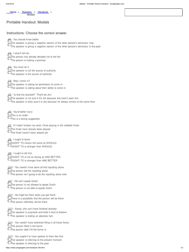 Modals - Printable Teacher Handout | PDF
