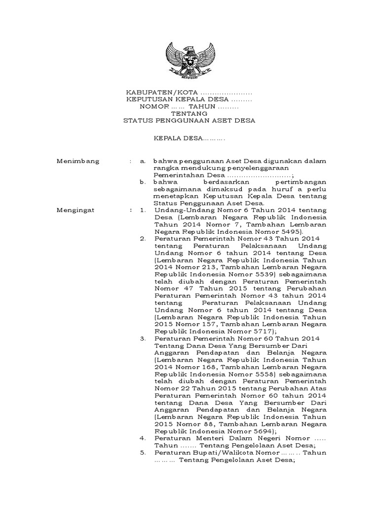 Format Keputusan Kepala Desa Tentang Penetapan Status Penggunaan Aset ... Format Keputusan Kepala Desa Tentang Penetapan Status Penggunaan Aset ...