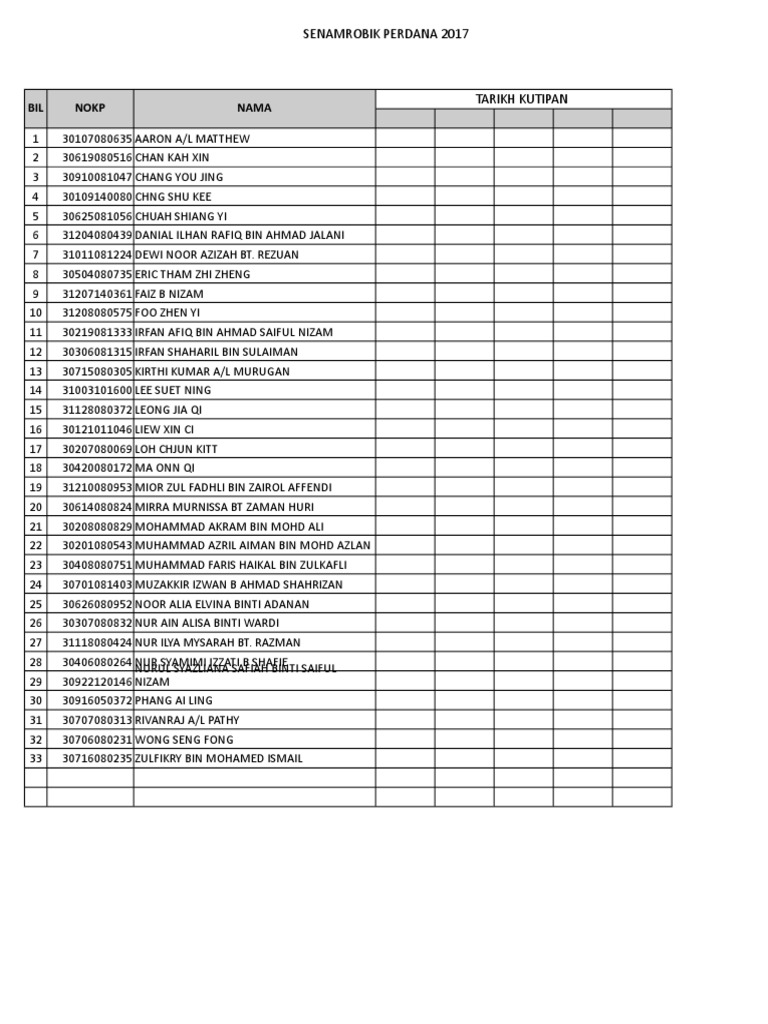 BIL Nokp Nama: Senamrobik Perdana 2017 | PDF