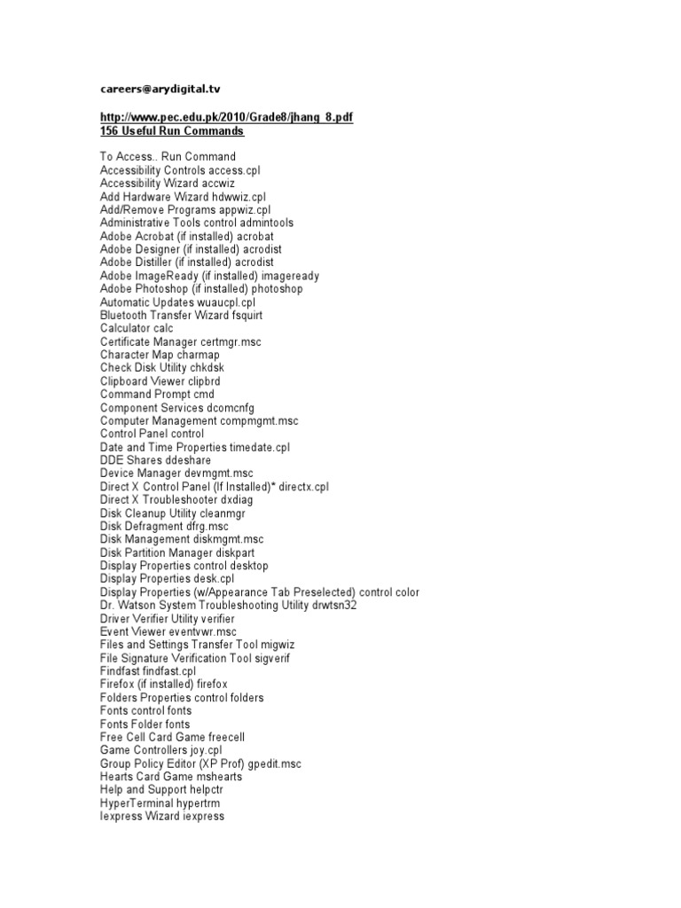 156 Useful Run Commands: Careers@arydigital - TV | PDF | Microsoft Windows | Windows Registry