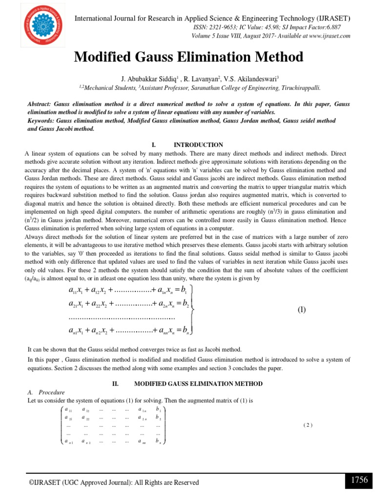 Modified Gauss Elimination Method | PDF | Numerical Analysis | System ...