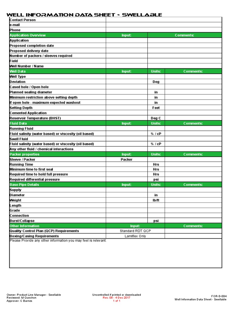 Well Information Data Sheet - Swellable: Application Overview Input ...