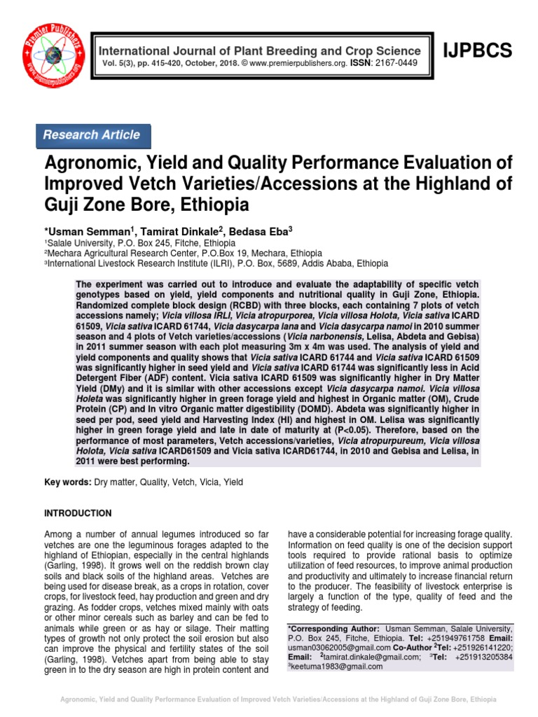 Agronomic, Yield and Quality Performance Evaluation of Improved Vetch ...