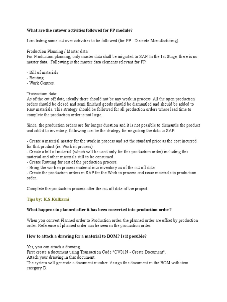 SAP Cut-Over Activities For PP Consultant | PDF | Business