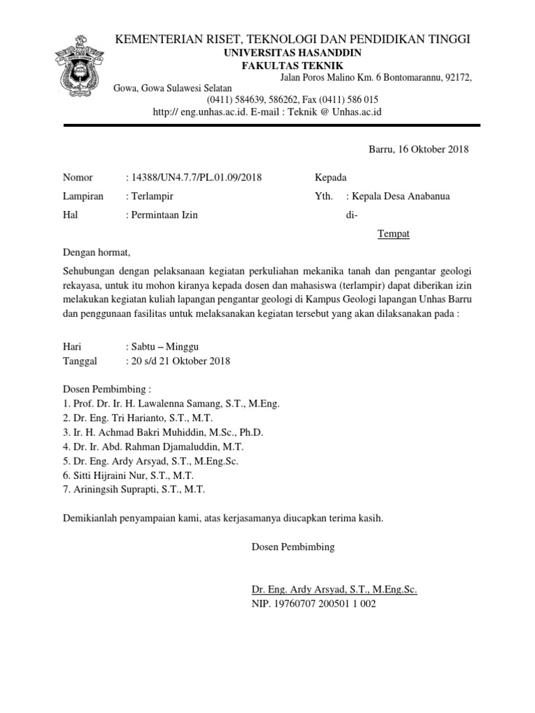 Izin Kuliah Lapangan Geologi Unhas | PDF