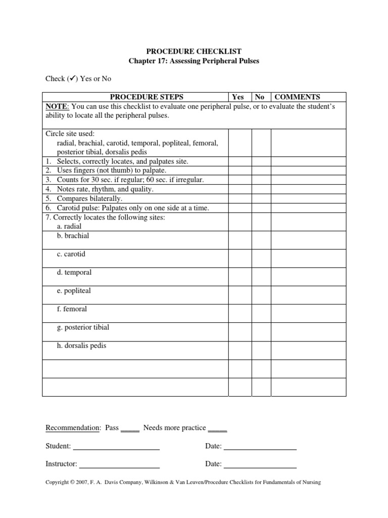 Procedure Checklist Chapter 17: Assessing Peripheral Pulses | PDF