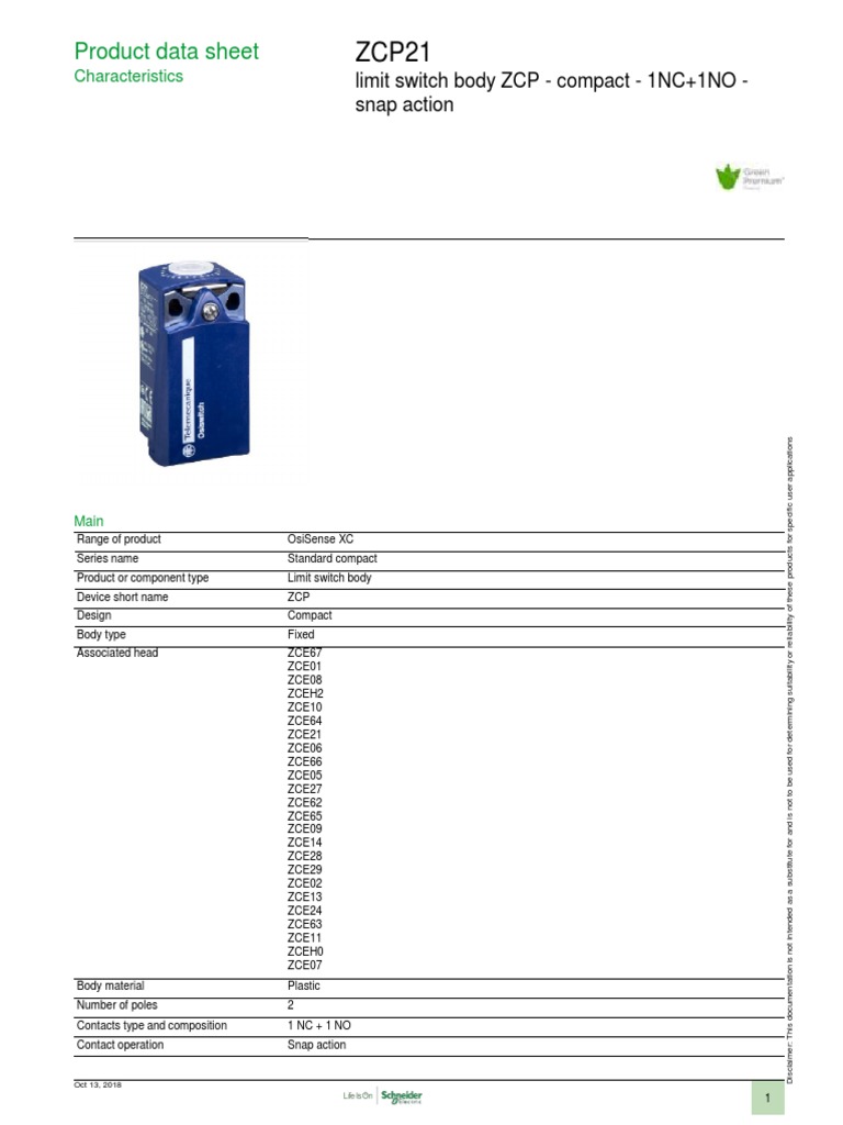 Product Data Sheet: Limit Switch Body ZCP - Compact - 1NC+1NO - Snap ...
