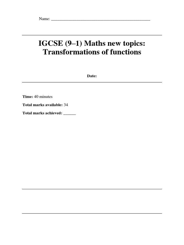 Igcse 9 1 Maths New To Spec Questions Transformations Of Functions Pdf Cartesian