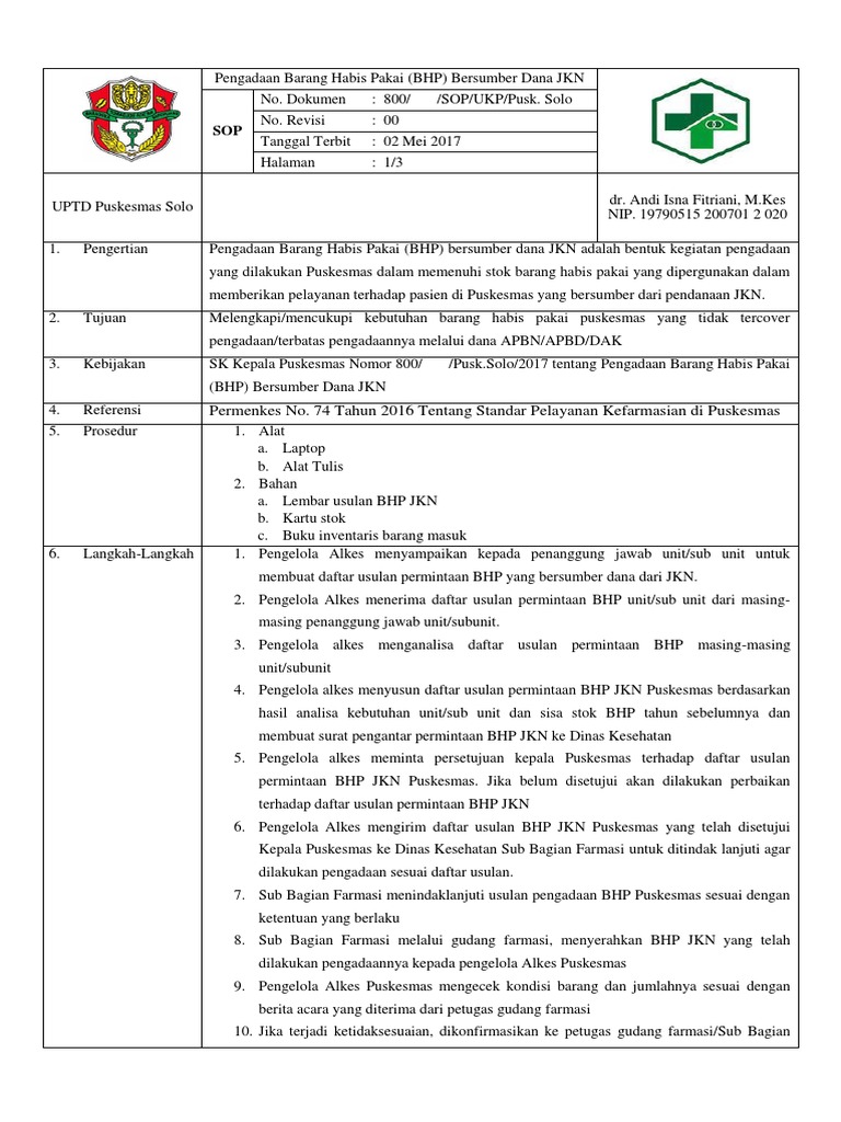 Sop Pengadaan Alkes Dan BHP JKN | PDF