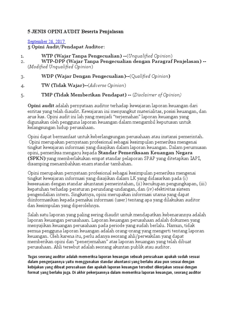 5 Jenis Opini Audit Beserta Penjalasan | PDF | Bisnis | Pengelolaan ...