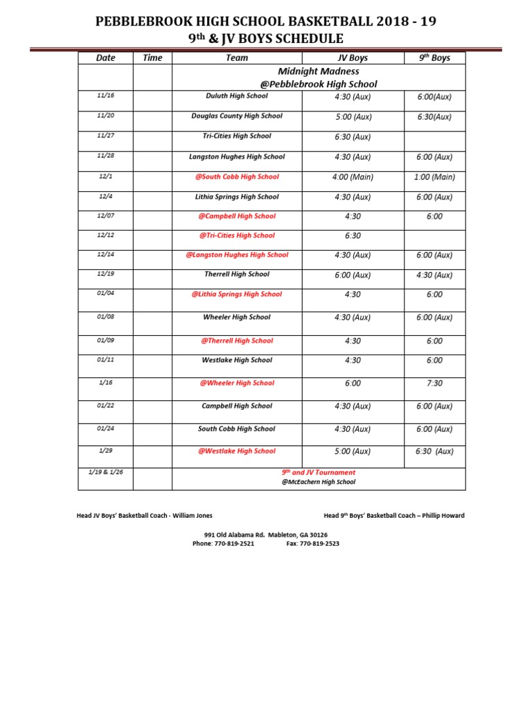 Pebblebrook Sub-Jv Schedule 2018-19 | PDF | Georgia (U.S. State) | Schools