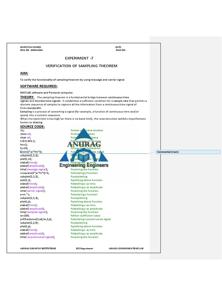 Experiment - 7 Verification of Sampling Theorem: Name:P.Sai Manoj Date ...