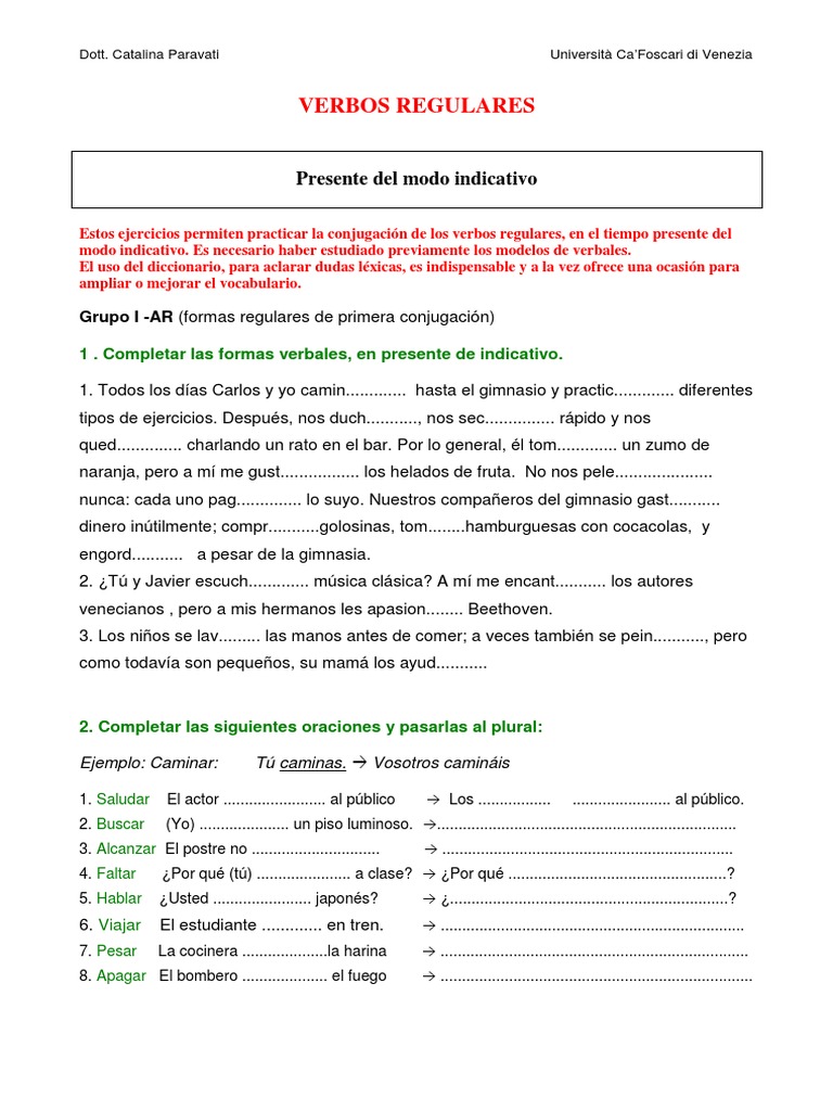 Presente Indicativo Regular PDF | PDF | Verbo | Tipología Lingüística