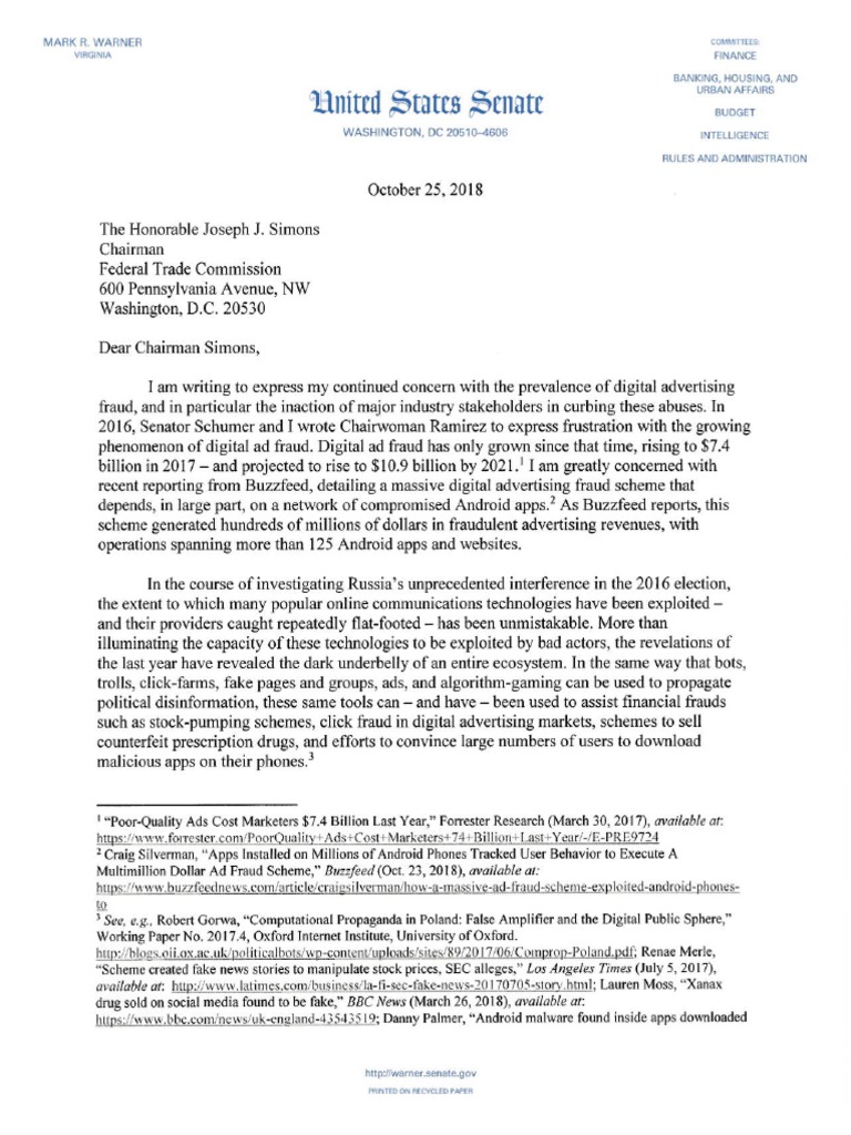 Senator Warner Letter to FTC on Google Digital Ad Fraud