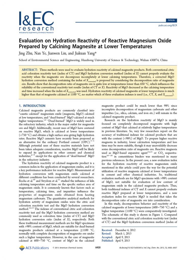 Evaluation On Hydration Reactivity of Reactive Magnesium Oxide Prepared ...