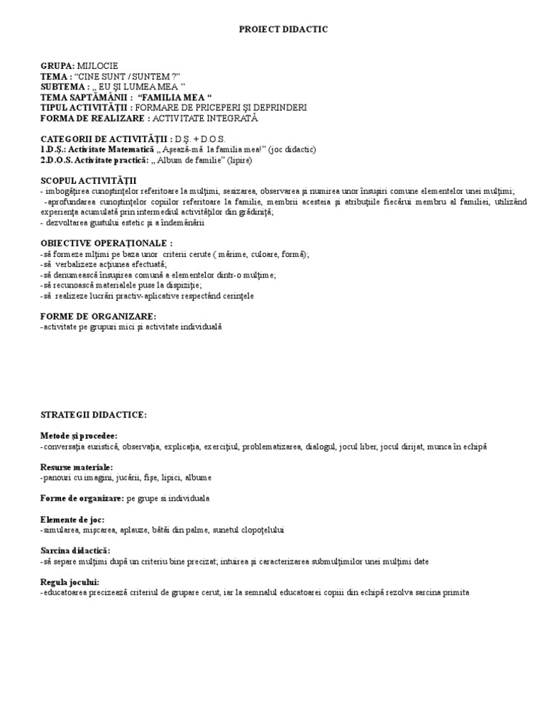 Proiect Didactic - Familia Mea, Gradinita | PDF