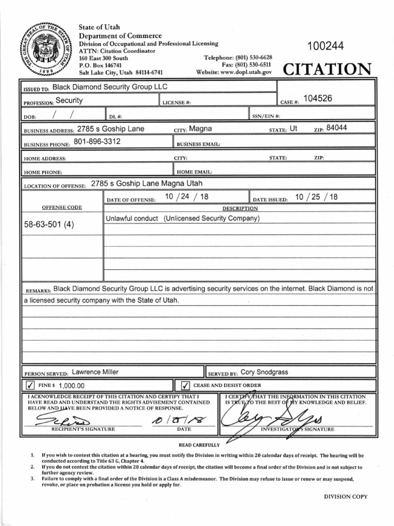 Administrative Citation-Black Diamond Security Group LLC | PDF | Government