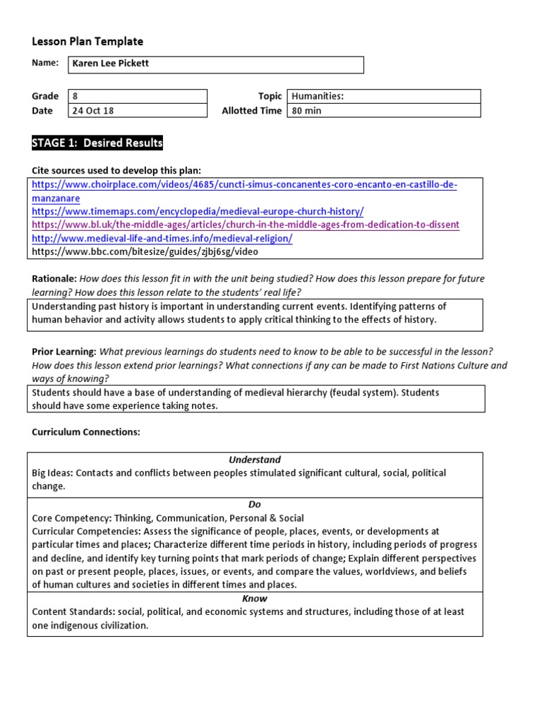 Lesson Plan On Medieval Church | PDF | Curriculum | Pedagogy