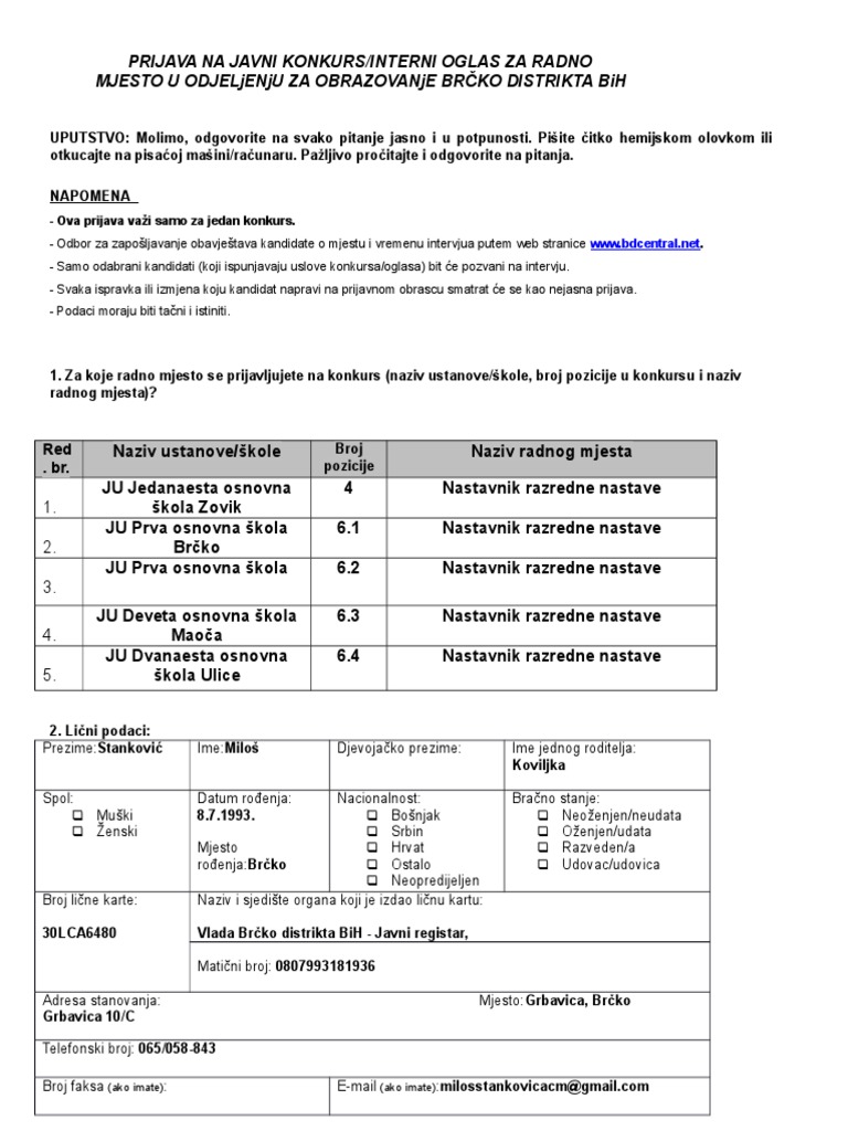 Prijava Na Javni Konkurs | PDF