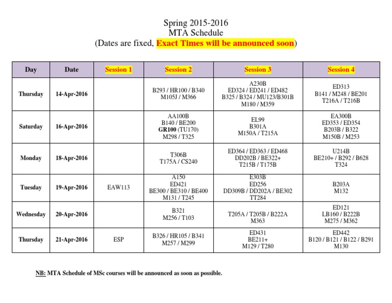 Spring 2015-2016 MTA Schedule (Dates Are Fixed,) : Exact Times Will Be ...