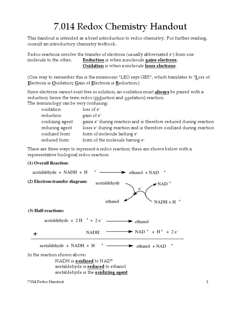 7.014 Redox Chemistry Handout | PDF | Redox | Nicotinamide Adenine ...