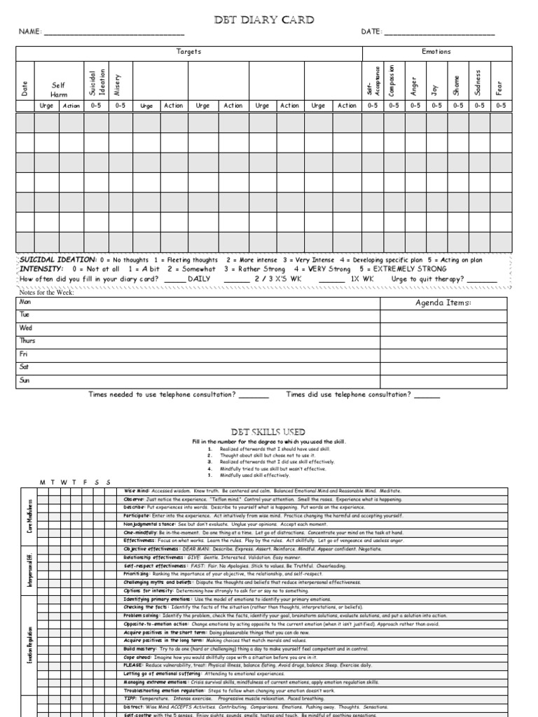 DBT Diary Card Adult Green | PDF | Dialectical Behavior Therapy ...