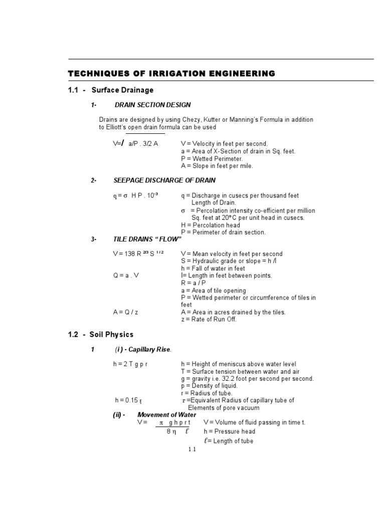 Irrigation Engineering Formulas Overview | PDF | Permeability (Earth ...