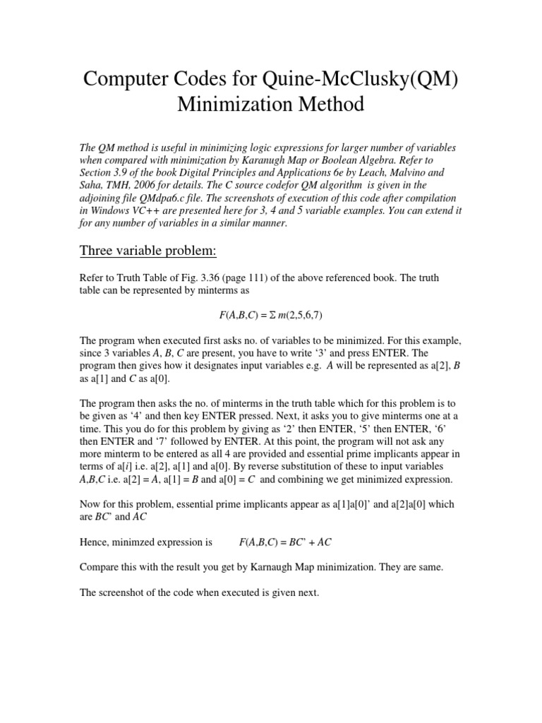 Computer Codes For Quine-Mcclusky (QM) Minimization Method: Three ...