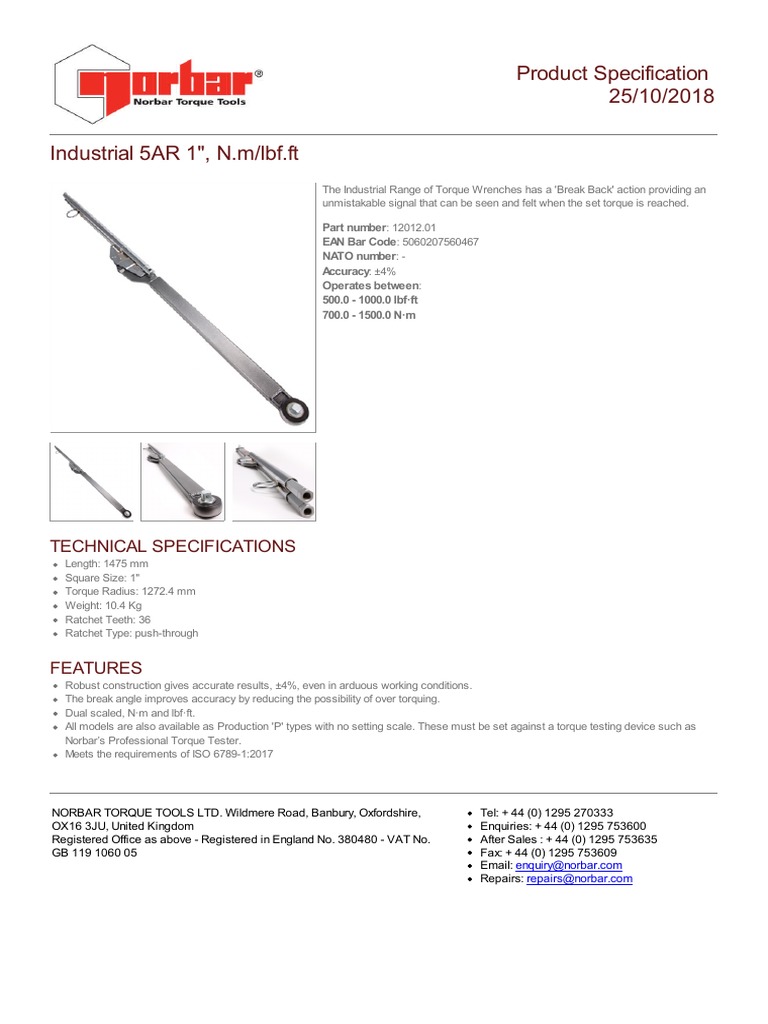 Norbar 5AR Torque Wrench Specifications | PDF | Tools | Manufactured Goods