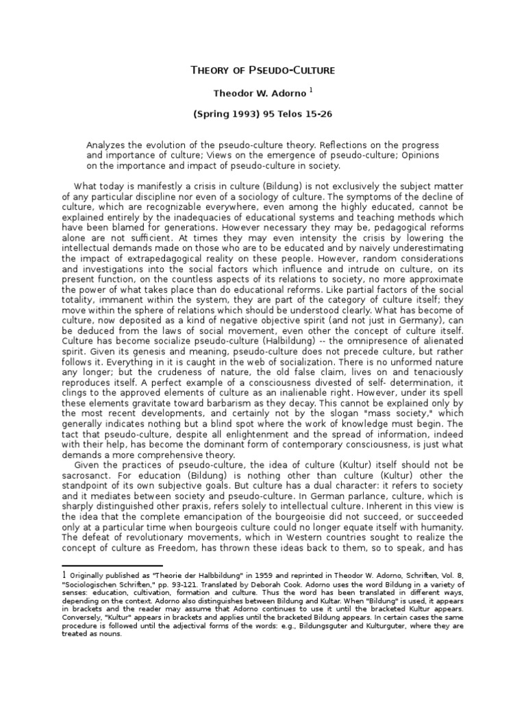 Adorno, T - Theory of Pseudo-Culture, (1993) 95 Telos 15 | PDF ...
