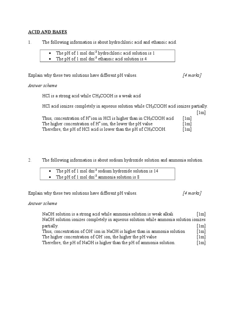pH Comparison of Acids and Bases | PDF | Science & Mathematics