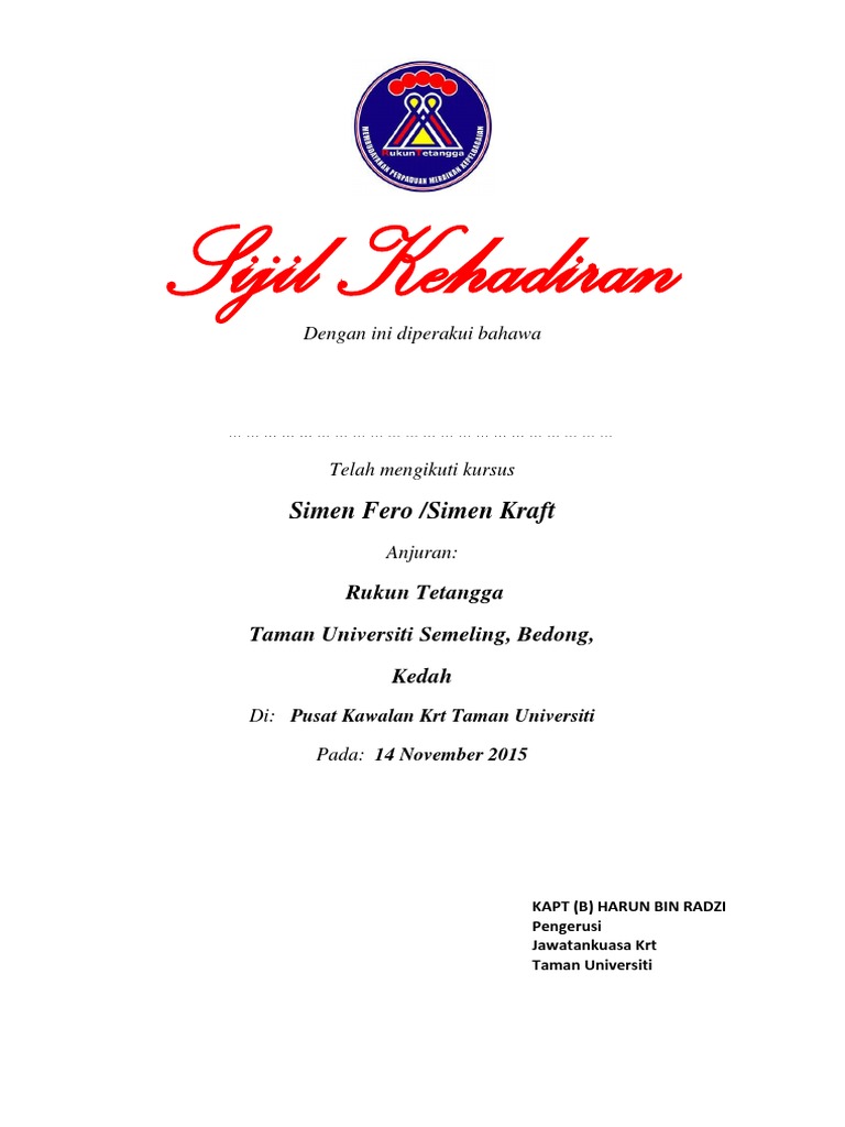 Sijil Kehadiran Kursus Simen Fero | PDF