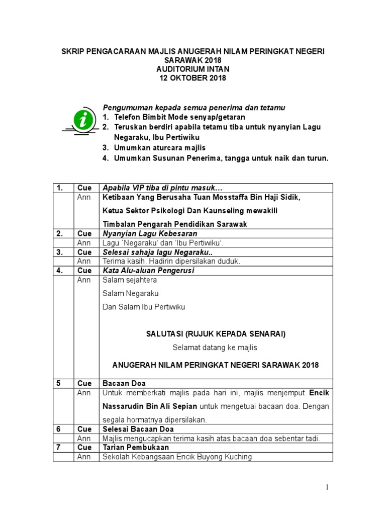 Skrip Pengacara Majlis Anugerah Nilam Negeri Sarawak 2018 | PDF