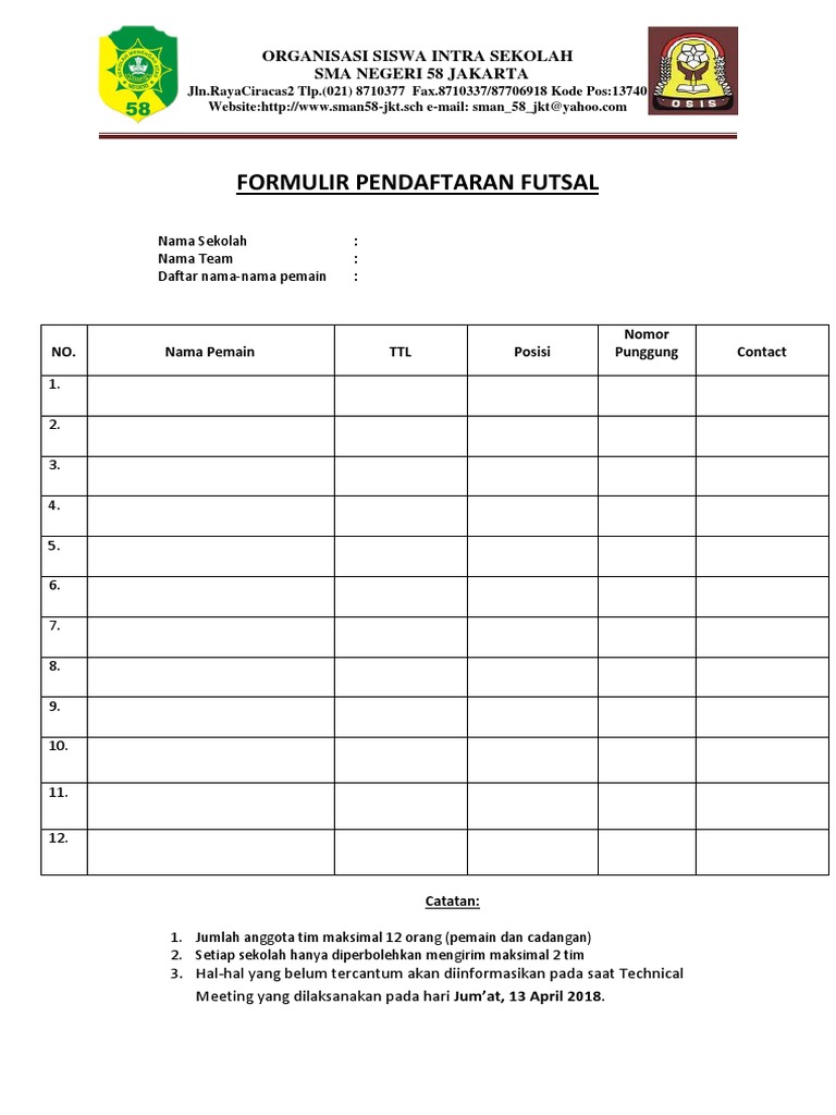 Formulir Futsal Tetralogi Sma58 | PDF