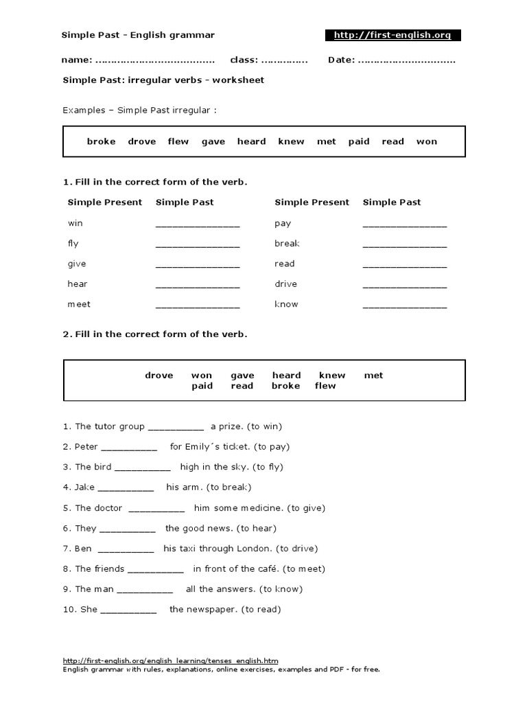 Simple Past 12 Irregular Verbs Worksheets | PDF