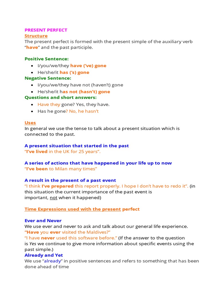 Present Perfect Tense Explained | PDF | Perfect (Grammar) | Grammatical ...