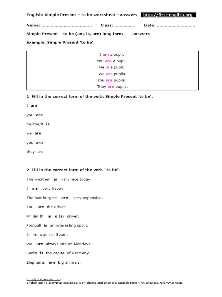 Simple Present 'To Be' Worksheet Answers | PDF
