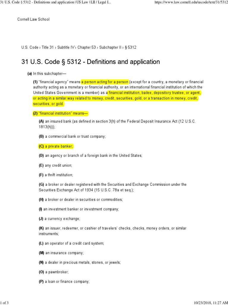 31 Usc 5312 We Are A Financial Institution PDF Securities Finance