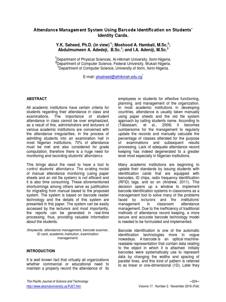 Barcode-Based Attendance System | PDF | Barcode | Identity Document