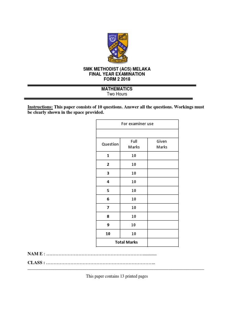 Final Year Exam Math Form 2 | PDF | Area | Function (Mathematics)