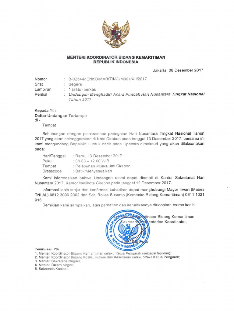 (Kemenko Maritim-20171208) - Undangan Acara Puncak Harnus 2017 (Daftar Terlampir) | PDF