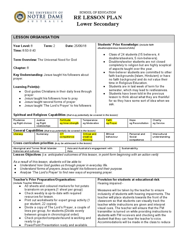 Re Lesson Plan Lower Secondary | PDF | Educational Assessment | Prayer