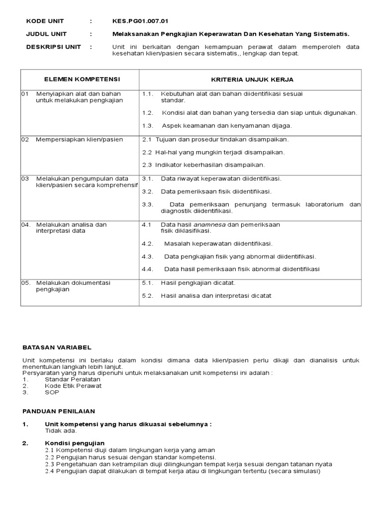 SKKNI Kompetensi 2.KES - PG01.007.PENGKAJIAN | PDF | Sains & Matematika | Komputer
