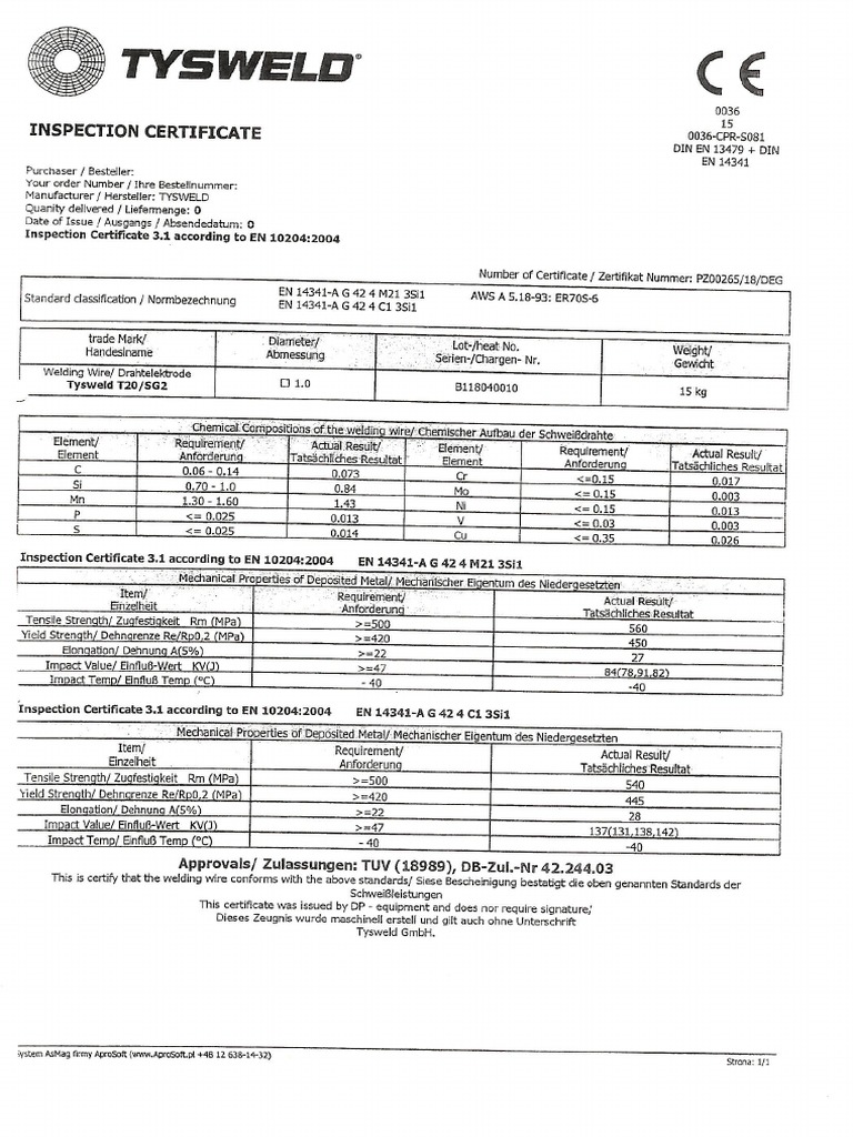 Inspection Certificate Welding Wire Tysweld | PDF